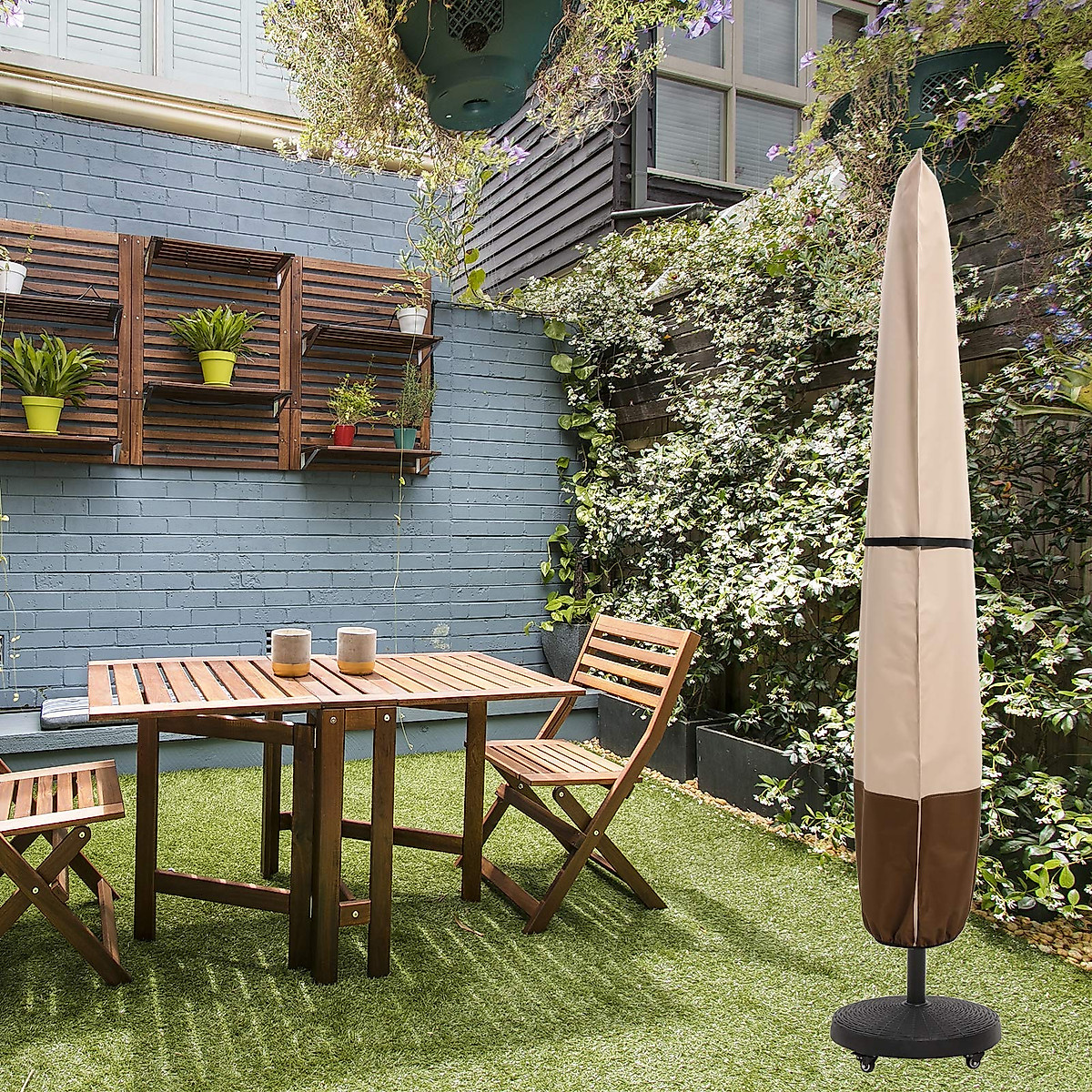 SUPERJARE Patio Umbrella Cover with Rod for 7 to 11 Ft Umbrellas & 15 Ft Double-Sided Umbrellas, 600D Protective Waterproof Cover with Zipper, Beige & Brown