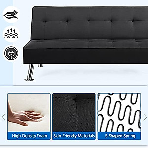 Yaheetech Modern Convertible Futon Sofa Bed w/ 2 Integrated USB Charging Ports Fabric Loveseat Couch Metal Legs, 3 Angles Adjustable Back for Compact Living Space, Apartment, Dorm, Bonus Room Black