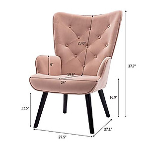 Dolonm Velvet Accent Chair Modern Tufted Button Wingback Vanity Chair with Arms Upholstered Tall Back Desk Chair with Solid Wood Legs for Living Room Bedroom Waiting Room(Dusty Pink)