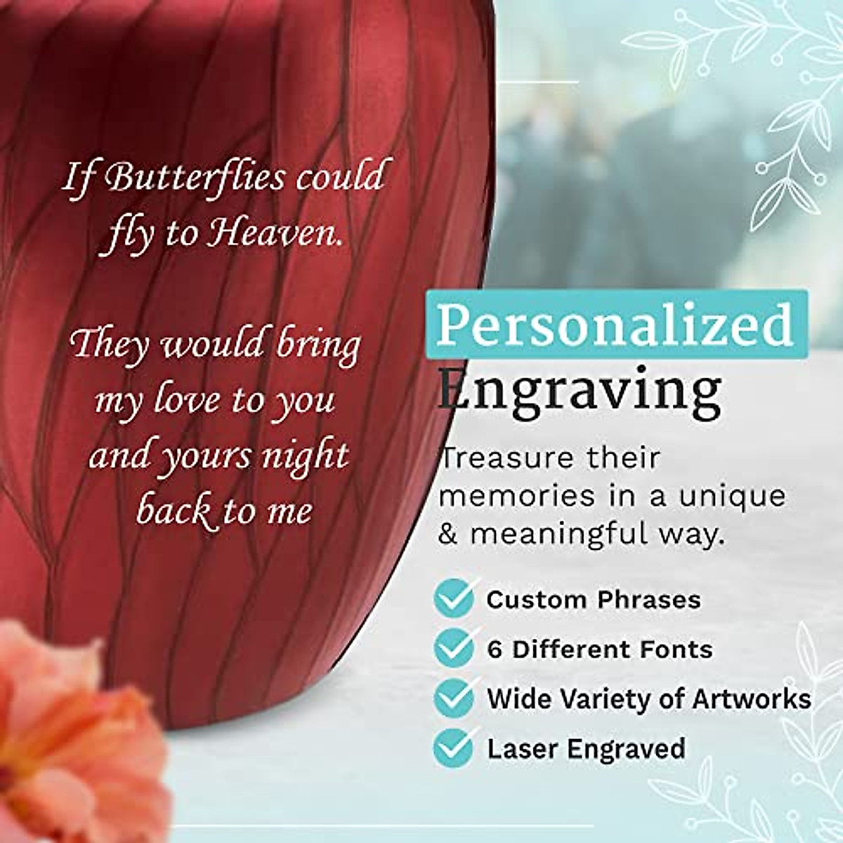 GetUrns - Embrace Hearts Urns for Human Ashes, Cremation Urns for Adult Ashes Men & Women, Cremation Urn for Home, Vault, or Niche, 200 cu. in, Double-Sided Engraving, Pearl Candy Red