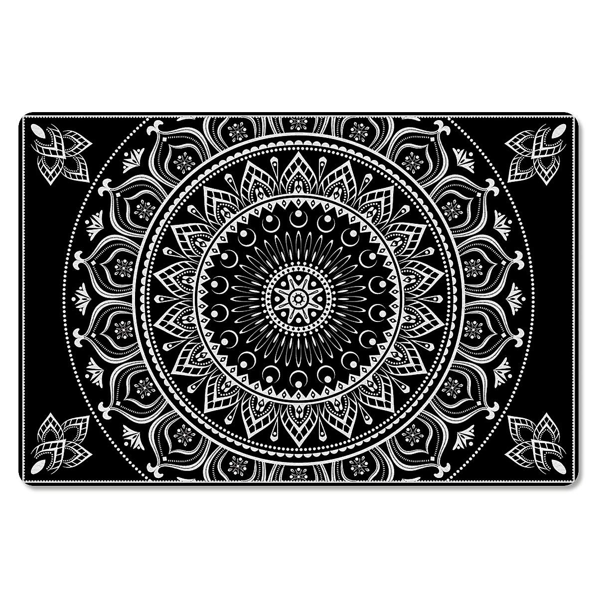 Mandala Antifatigue Kitchen Bath Door Mat Cushioned Runner Rug, Washable Welcome Floor Sink Mat, Abstract Floral Pattern Black Waterproof & Non-Slip Comfort Standing Doormat for Kitchen, 24"x36"