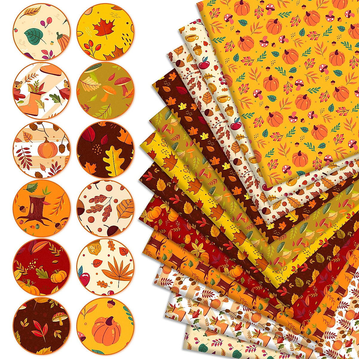 JarThenaAMCS 12Pcs Fall Cotton Fabric Bundles Pumpkin Maple Leaf Mushroom Acorn Fat Quarters Autumn Thanksgiving Quilting Patchwork for DIY Craft Home Party Decor, 18 x 22 Inch