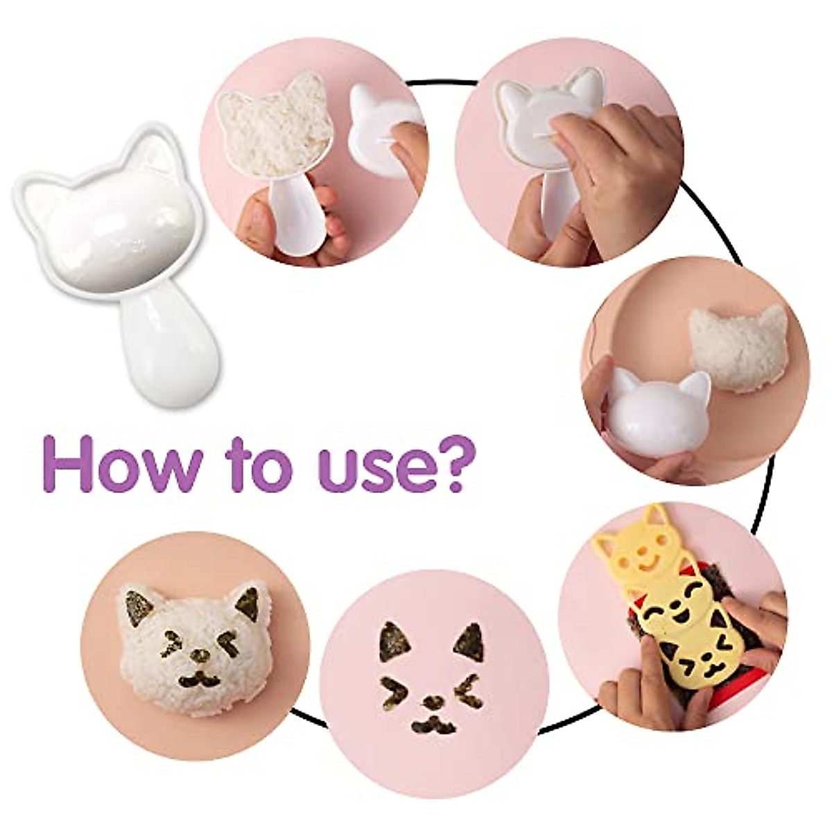 Cute Cat Sushi Mold for Kids, Musubi Maker Press, Rice Ball Mold Shaker, Classic Triangle Rice Ball Maker Mold Kit for DIY Fun Lunch Box Picnic Tool (CAT)