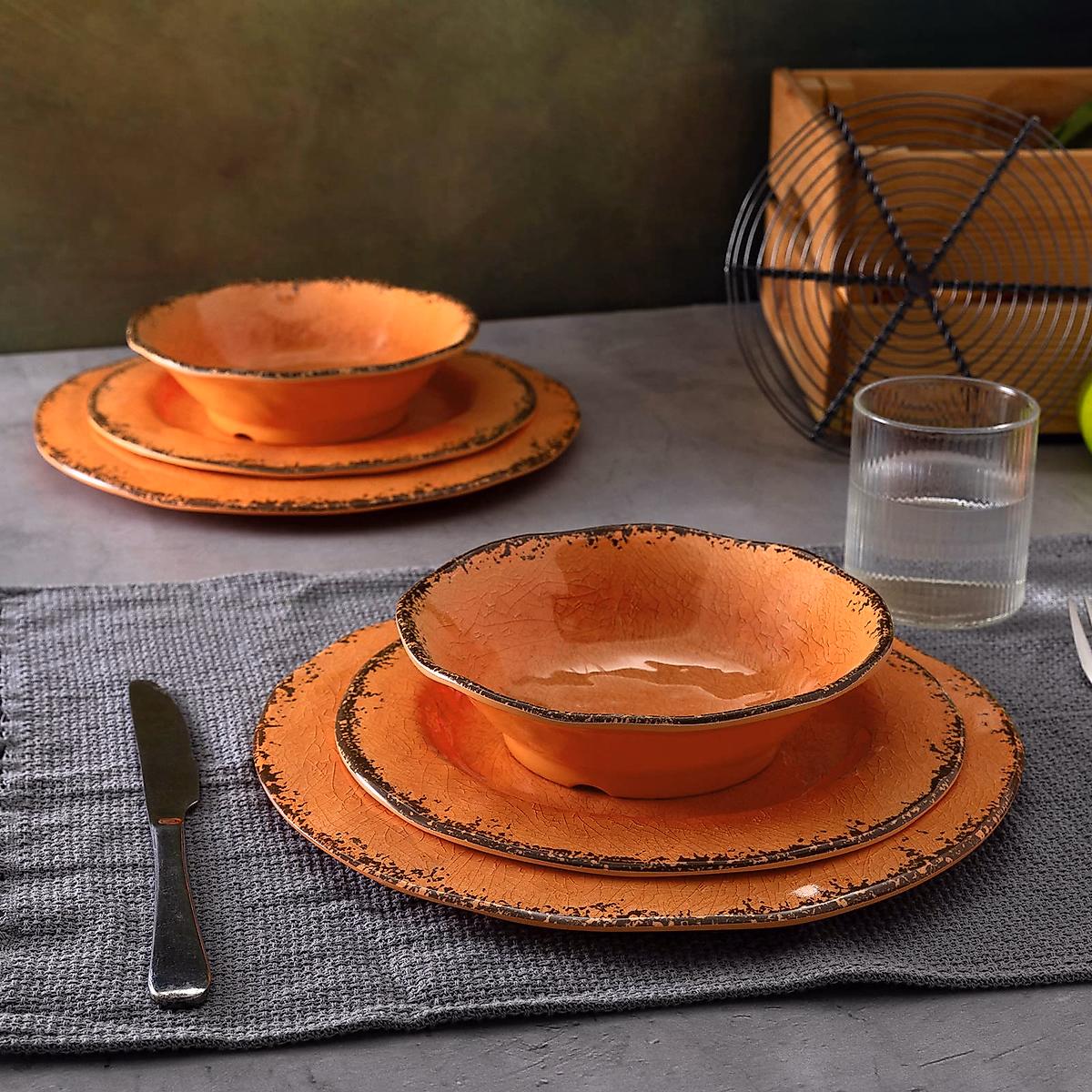 LEHAHA 12 Piece Crackle Lightweight Melamine Dinnerware Set-Service for 4, break-resistant and Durable Rustic Plates and Bowls Dishware Sets Perfect for Patio and Outdoor Activities