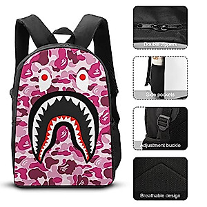 Shark Face Camo Pink Backpack Ba&p_e 3 Piece Set with Lunch Box Pencil Case Laptop Daypack Bookbag for School Travel