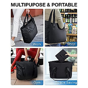 BAGSMART Tote Bag for Women, Foldable Tote Bag With Zipper Large Shoulder Bag Top Handle Handbag for Travel, Work, Shopping, Gym, School, Black