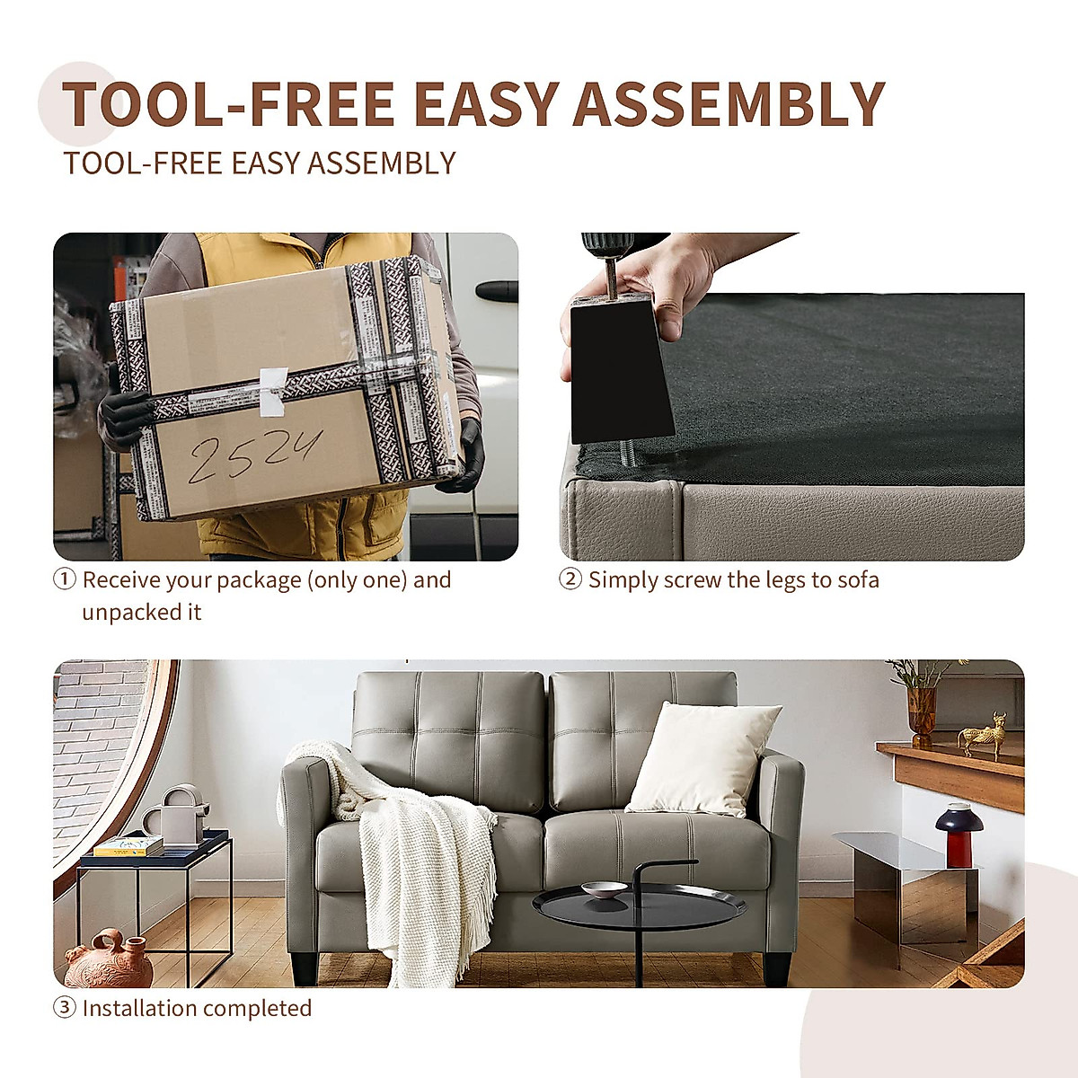 Husbedom 57.5"W Small Loveseat Sofa, Mid Century Modern Air Leather Love Seat with Flared Arm & Double Stitching Cushions, 2 Seat Couch for Small Space Living Room Bedroom Apartment Dorm, Light Brown