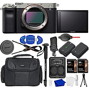 Sony Alpha a7C Compact Mirrorless Camera Bundle with Extra Battery, USB Dual Charger, 2X 64GB SDXC Memory Card, Water Resistant Gadget Bag, Monopod + More