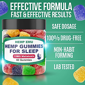 Hemp Emu Hemp Gummies for Sleep - Fall Asleep Faster, Stay Asleep Longer - 10mg Melatonin + Premium Hemp Extract, 2 Gummies Per Serving - 60 Count Fruit Flavored Gummies