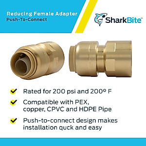 SharkBite 1/2 x 1/2 Inch FNPT Adapter, Pack of 4, Push To Connect Brass Plumbing Fitting, PEX Pipe, Copper, CPVC, PE-RT, HDPE, U072LFA4