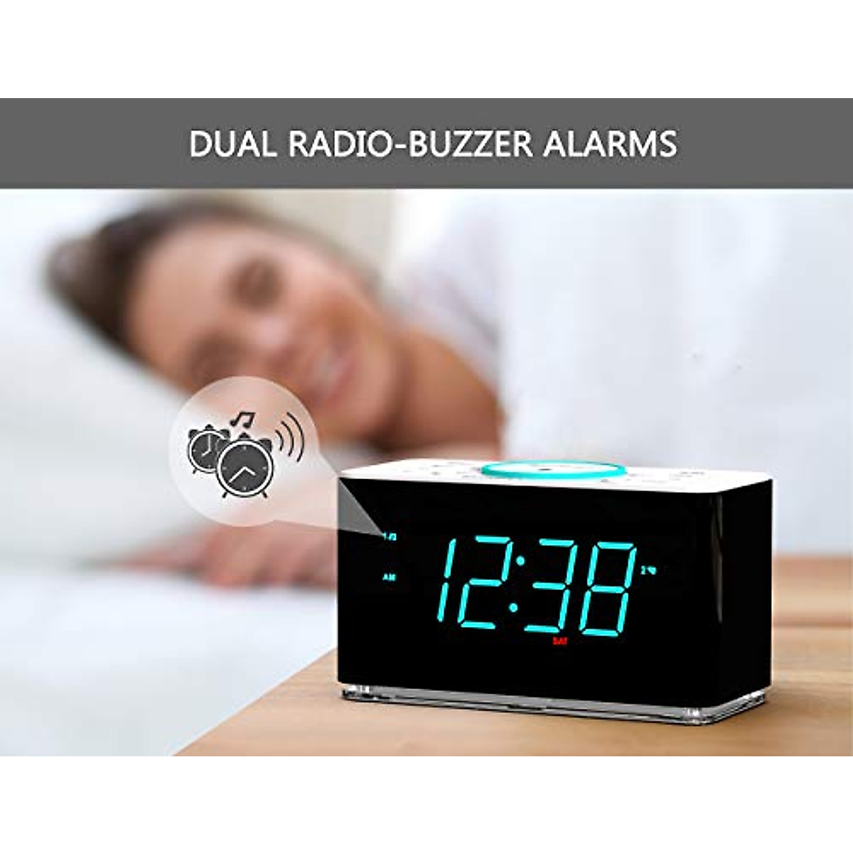 Emerson ER100401 Smartset 15Watt Ultra Fast Wireless Charging Dual Alarm Clock Radio with Bluetooth Speaker, USB Charger, Cyan LED Night Light and 1.4" Display