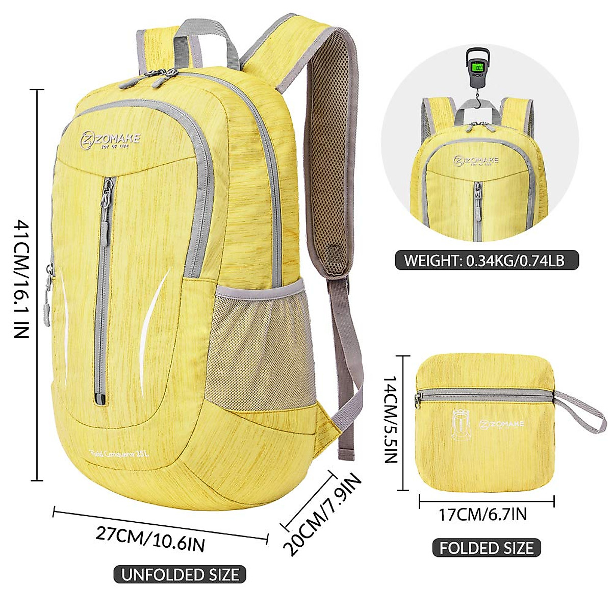 ZOMAKE 25L Ultra Lightweight Packable Backpack, Foldable Hiking Backpacks Water Resistant Small Folding Daypack for Travel(Yellow)