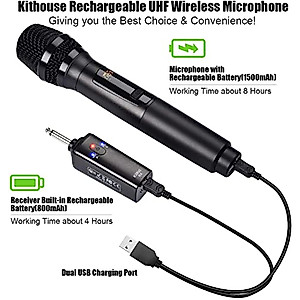 KITHOUSE K380S UHF Rechargeable Wireless Microphone Karaoke Microphone Wireless Mic Dual with Receiver System Set - Professional Handheld Dynamic Cordless Microphone for Singing Karaoke Speech Church