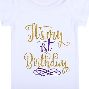ODASDO It’s My 1st First Birthday Outfit Newborn Infant Baby One Year Party Cake Smash Set Princess Dress Cotton Short Sleeve Bodysuit Romper Tutu Skirt Sequin Bowknot Headband 3pcs Purple 1st 1T