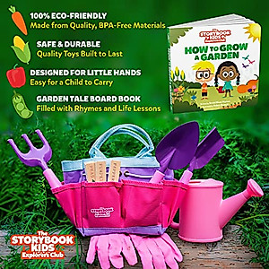 Kids Gardening Tools - Includes Sturdy Tote Bag, Watering Can, Gloves, Shovels, Garden Stakes, and a Delightful Children's Book How to Garden Tale - Kids Garden Tool Set for Toddler Age on up.