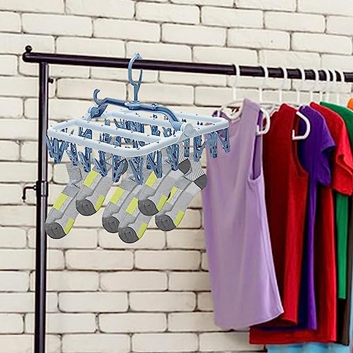 Clothes Drying Hanger with 32 Clips- Foldable Detachable Hanging Sock Rack | 360 Degree rotatable Windproof Laundry Rack, for Sock,Underwear Hanger, Clothes pegs
