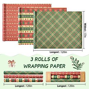 Vintage Christmas Wrapping Paper Mini Roll 17 Inch X 120 Inch 3 Different Christmas Rolls, Grid, Christmas Tree, Deer and Dell Print Wrapping Paper for Kids Gift Wrapping, Christmas Family Party, Christmas Tree Decorations