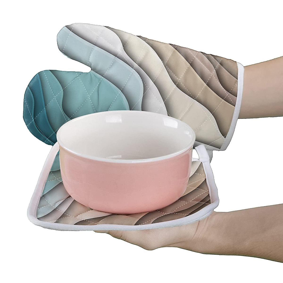 Kitchen Oven Gloves Teal Blue Modern Geometric Oven Mitts Pot Holder Set Brown Abstract Ocean Wave Hot Pad Sets for Kitchen BBQ Cooking Baking Grilling Heat Resistance