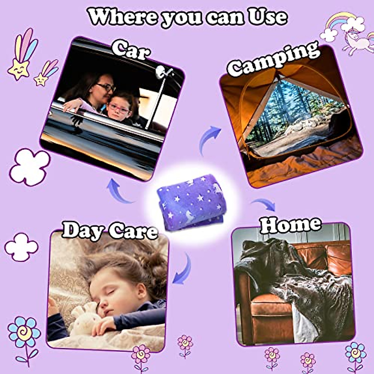 Unicorn Throw Blanket Glow in The Dark Soft Throw Blanket for Girls Boys with Storage Bag, Gifts for Christmas Halloween Birthday Valentines, Kids Blanket, Day Care Home Travel Use, 50"x60" Purple