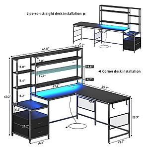 YOMILUVE L Shaped Desk with Drawers & Storage Shelves, Reversible Gaming Desk with Power Outlets, Corner Computer Desk with LED Lights & Hutch, Study Writing Workstation for Home Office (Black)
