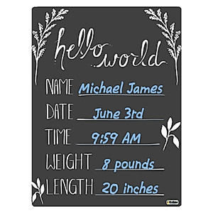 Cohas Hello World Newborn Baby Announcement Sign with Chalkboard Style Surface, 5 by 7 Inches, Blue Marker