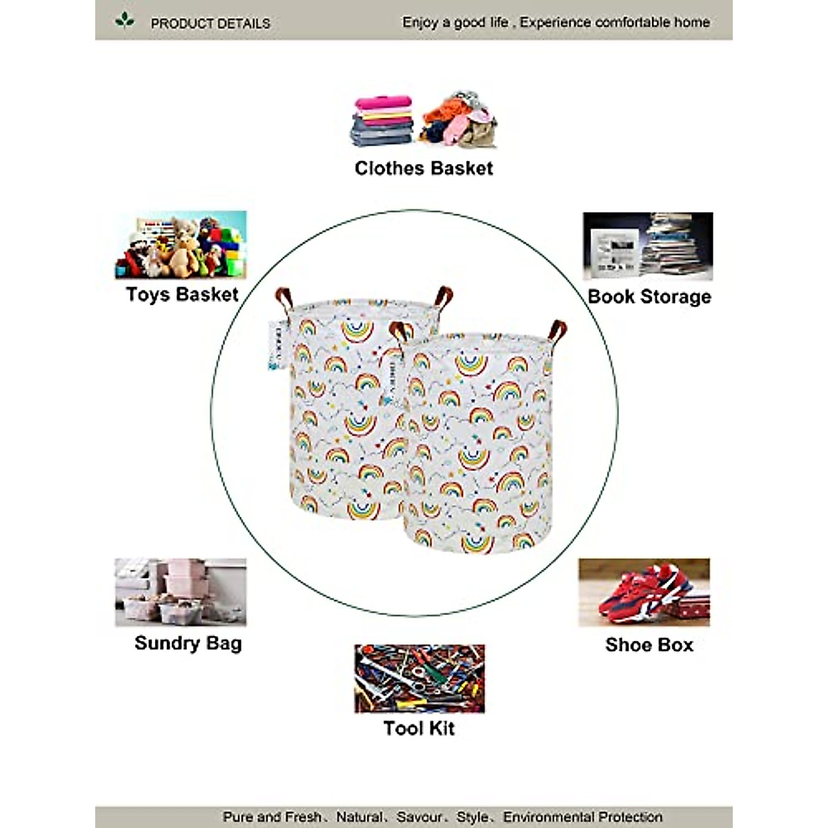 ONOEV 2 Pack Round Fabric Storage Bin,Decorative Basket,Organizer Basket with Handles,for Clothes Storage,books and sundries (2 Pack rainbow)