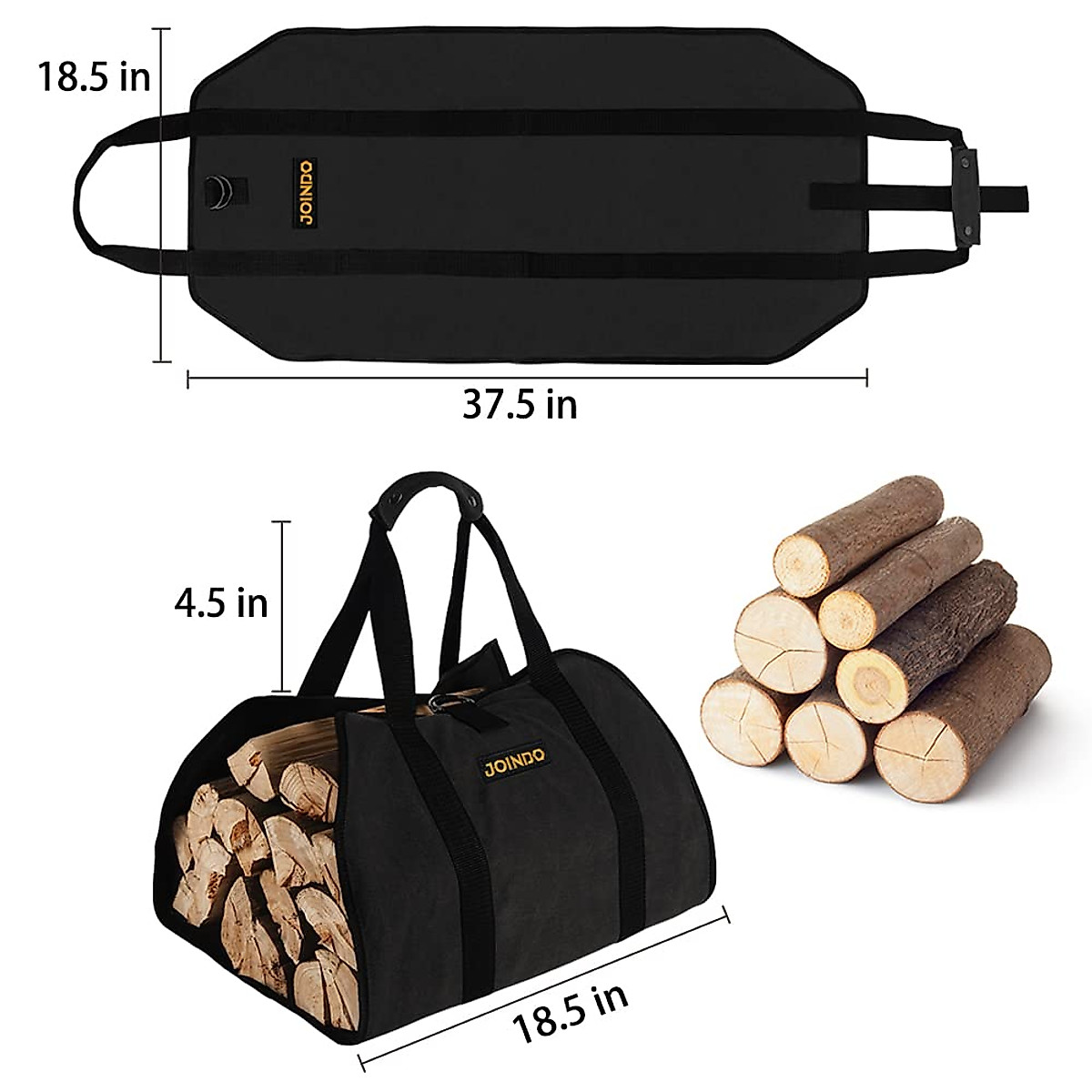 JOINDO Waxed Canvas Firewood Log Carrier, Large Log Tote Bag for Firewood, Heavy Duty Firewood Tote Bag, Water Resistant Wood Carrying Bag With Handles for Outdoor Camping Fireplace,Black