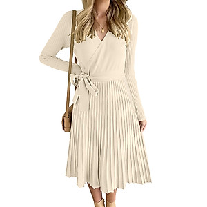 ANRABESS Women's 2024 Long Sleeve Sweater Dress Wrap V Neck Pleated Ribbed Knit A Line Belted Tie Waist Midi Dress Beige Medium