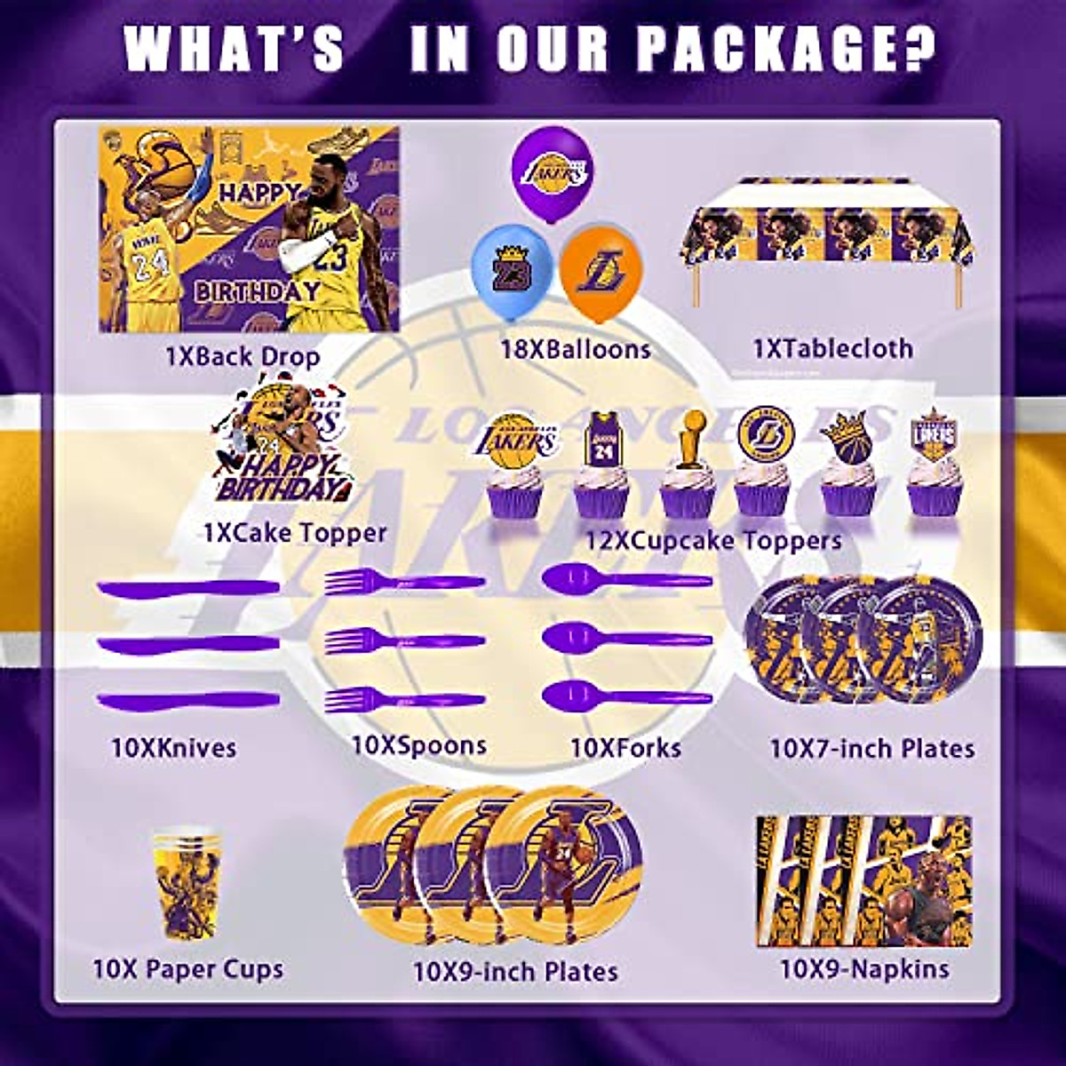 Lakers 24 Birthday Party Supplies for Men Boys Adults Kobe Bryant and Lebron James Basketball Game Theme Party Decorations Including Plates and Cups Tablecloth Backdrop Cake Toppers Backdrop