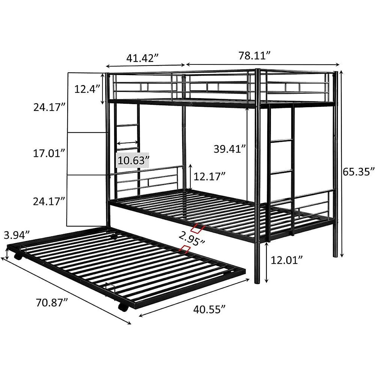 DaiNNCN Twin Over Twin Bunk Bed with Trundle,Can Be Divided Into 3 Bed Metal Heavy Duty for Kids Boys Girls Adults-Black