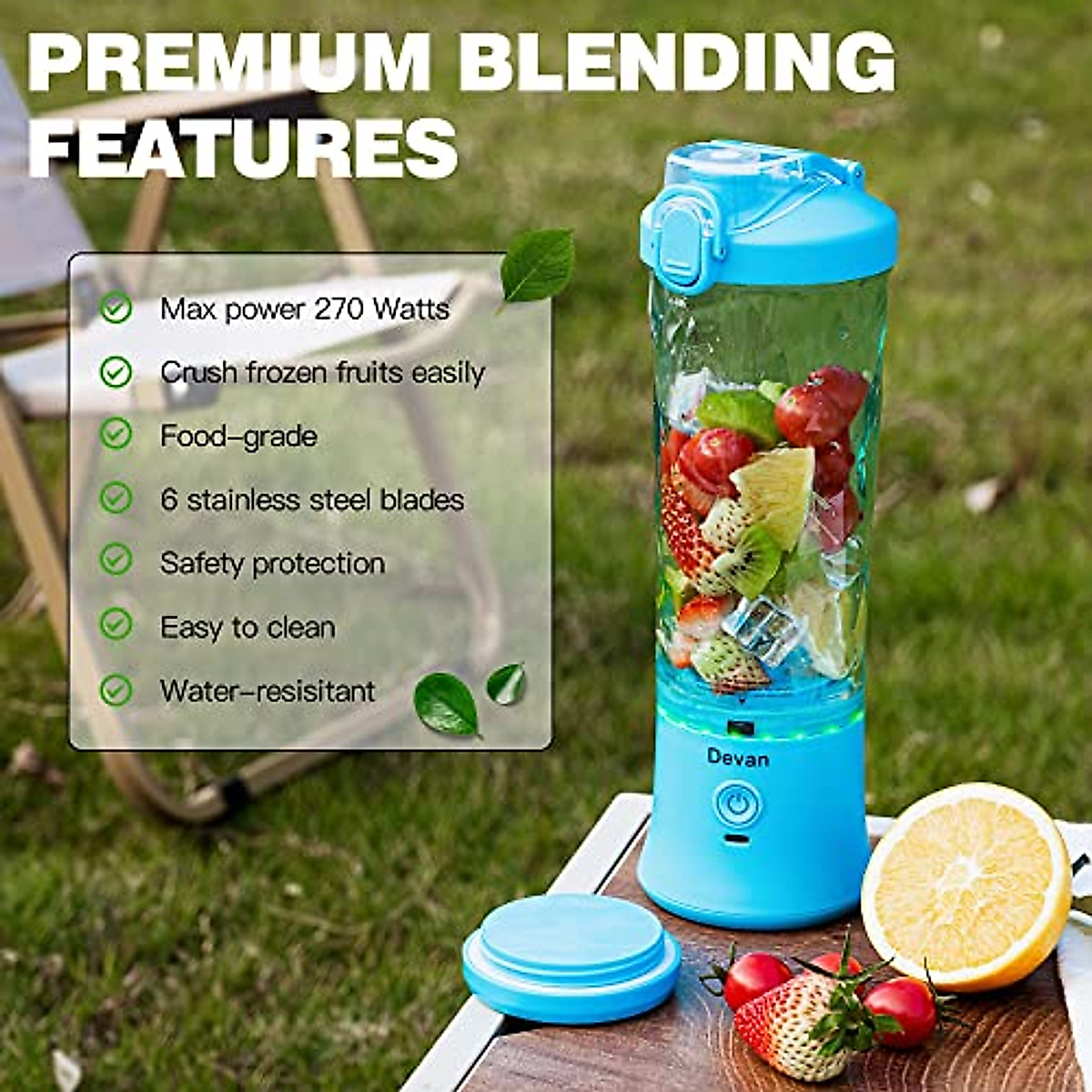 Portable Blender,270 Watt for Shakes and Smoothies Waterproof Blender USB Rechargeable with 20 oz BPA Free Blender Cups with Travel Lid. (Blue)