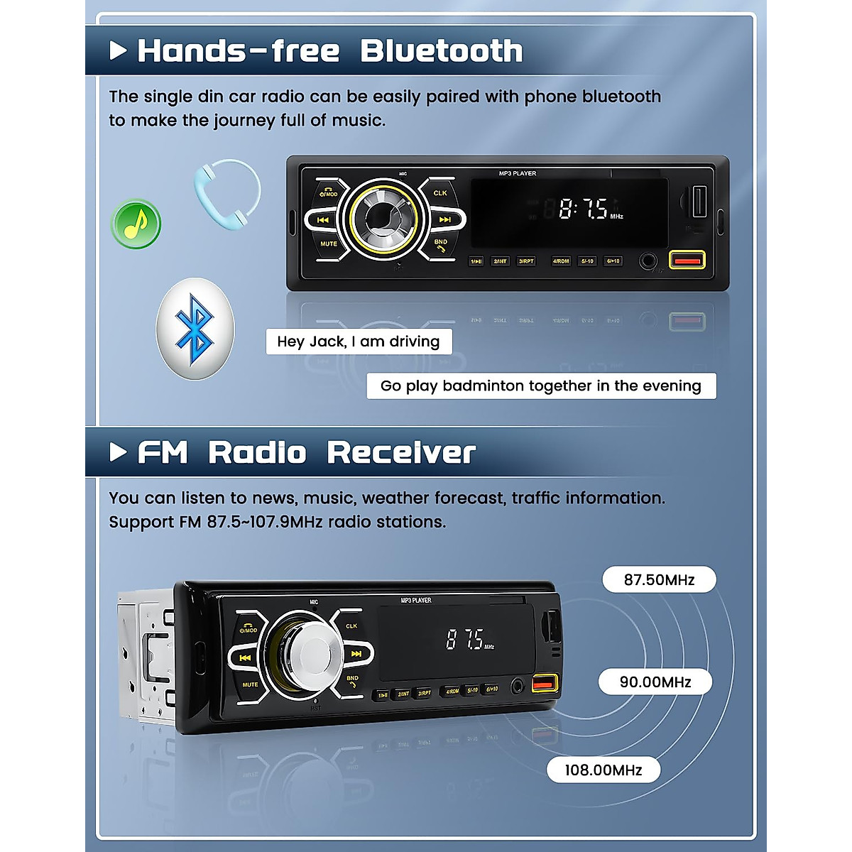 Single Din Car Stereo - Multimedia Bluetooth Audio and Hands-Free Calling, Built-in Mic, MP3 Player, No CD/DVD Player, USB Playback & Charging, AUX/TF Input, FM Radio, Remote/App Control