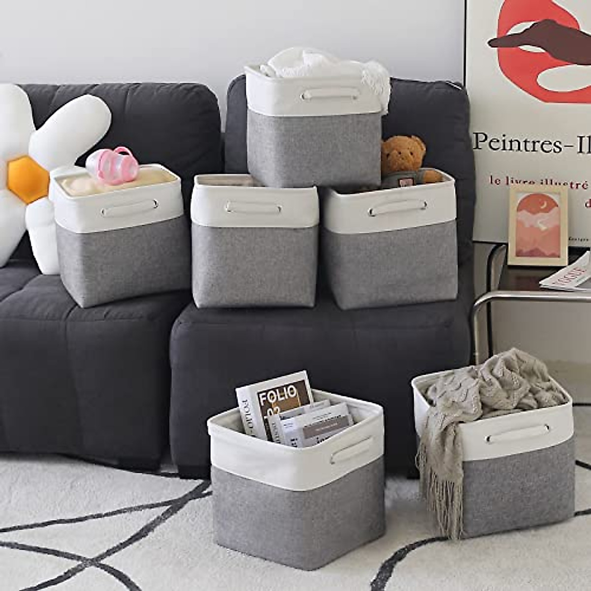 FinishingBo Cube Storage Bins 11” x 11" x 11” Cloth Baskets for Storage with Fabric Handles for Shelf, Closet, Nursery, Office Organizer, Set of 6