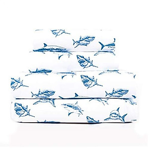 Kids Rule 4-Piece Shark Sketch Sheet Set for Boys & Kids - 1 Full Flat Sheet, 1 Full Fitted Sheet & 2 Queen Pillowcases, Soft Brushed Microfiber Polyester Bed Sheet, Smooth & Durable