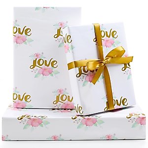Wedding Wrapping Paper, Gold Love With Pink Floral White Groom Gift Wrap Folded Flat 5 Sheets 20x28 inches Per Sheet With Ribbon for Wedding Shower, Bridal Shower, Engagements, Birthday, Anniversary