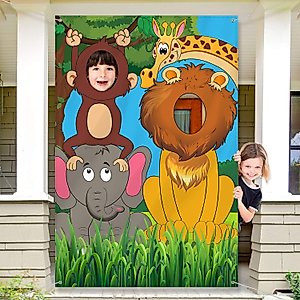 Jungle Safari Wild One Animals Birthday Party Decoration, Large Fabric Jungle Animals Backdrop Photo Door Banner, Funny Jungle Animals Face in Hole Game for Jungle Wild One Birthday Party Supplies