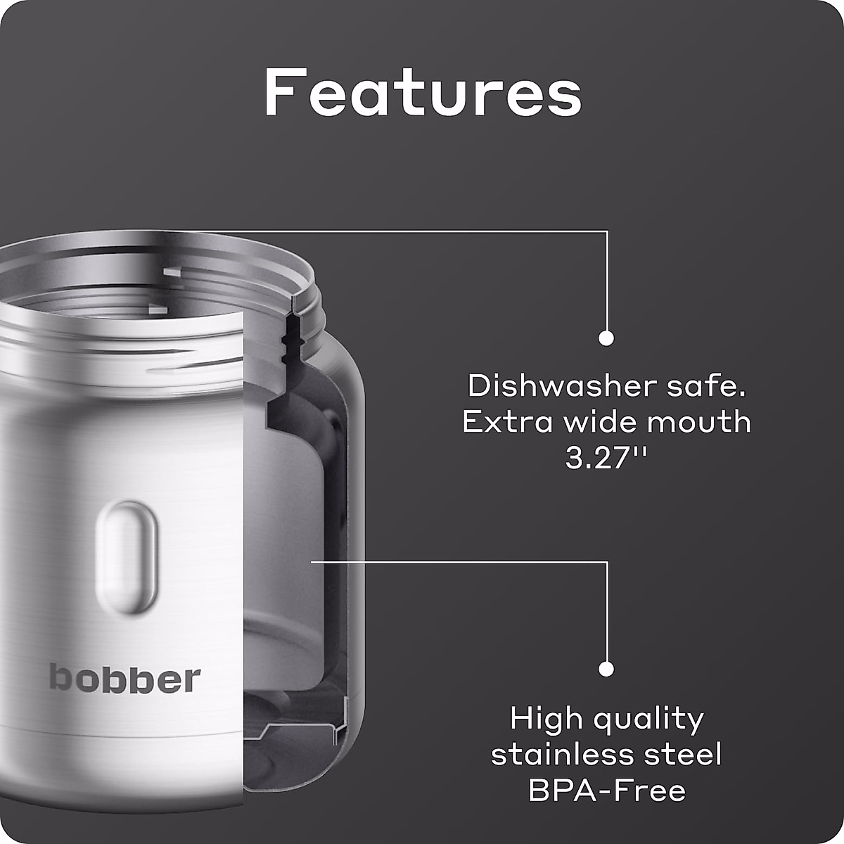 BOBBER Jerrycan - 16 oz Insulated Stainless Steel Thermo Food Jar With Extra-Wide Mouth and Built-in Folding Spoon - Keeps Hot for 10 Hours and Cold for 15 Hours (Matte)
