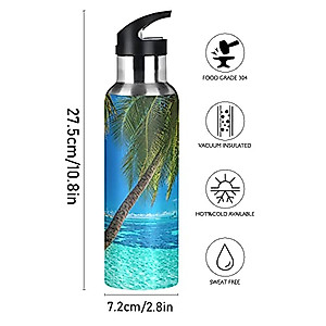 xigua Tropical Beach Palm Trees Water Bottle Stainless Steel Vacuum Insulated Water Bottle Standard Mouth Wide Handle Bottle with Straw Lid for Sports School Gym Outdoor,20 oz.