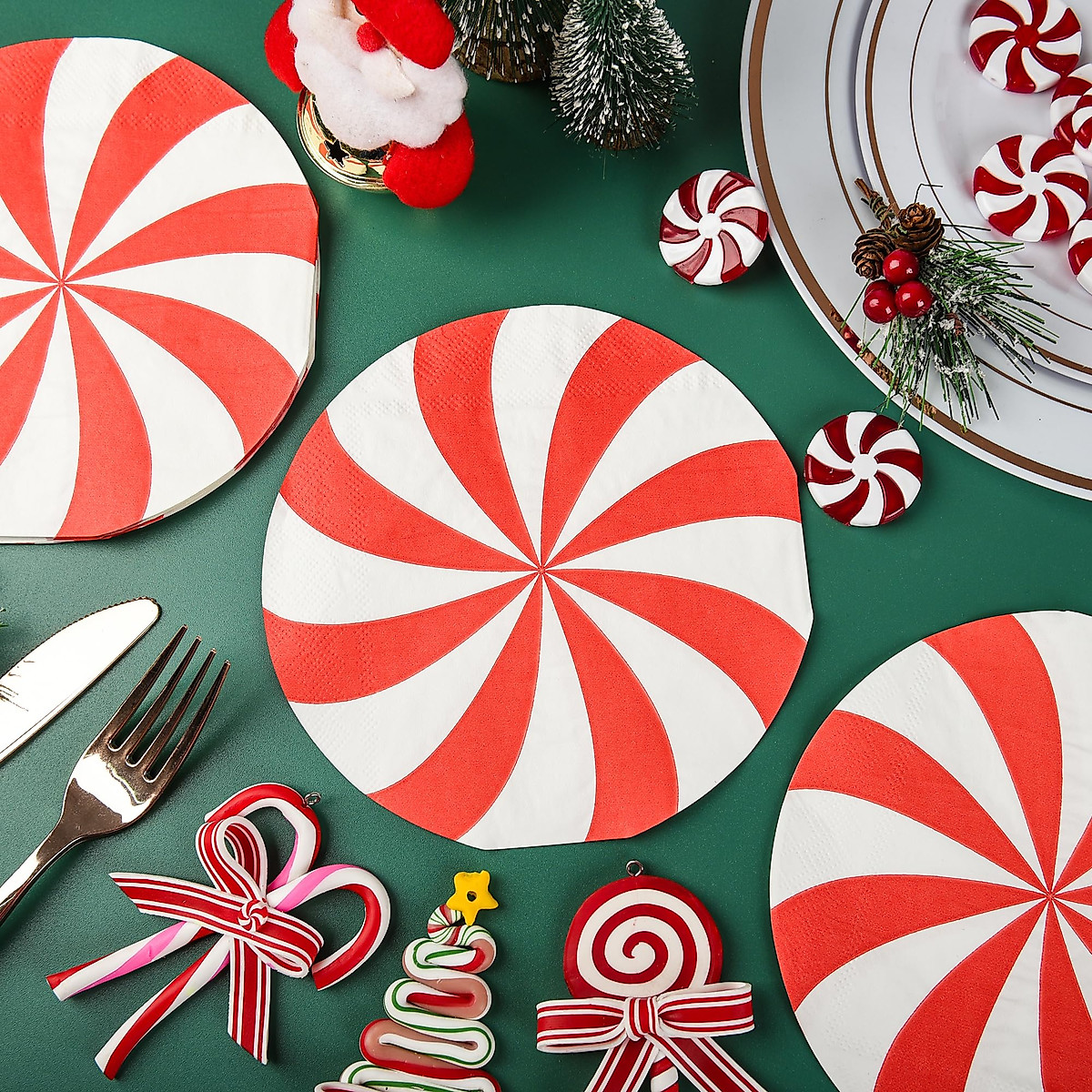 100Pcs Christmas Paper Napkins Peppermint Candy Disposable Napkins Round Lollipop Xmas Candy Party Tableware Decor Red White Cocktail Napkins for Winter Holiday Dinner Party Supplies