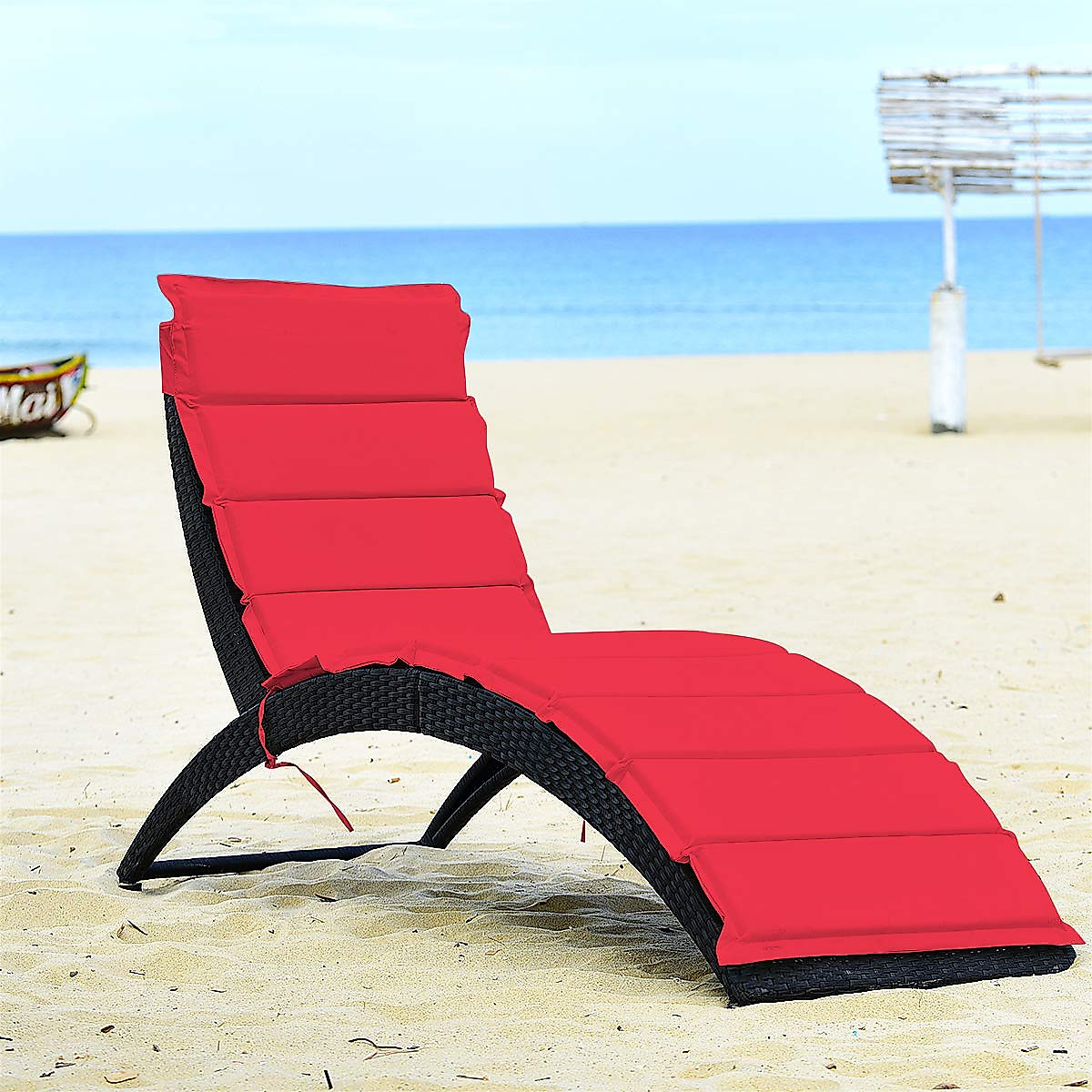 Tangkula Foldable Patio Lounge Chair, Outdoor Rattan Lounger Chaise, Portable Patio Chaise with Cushion, All-Weather Wicker Furniture for Garden Lawn Balcony Backyard Poolside (1, Red)