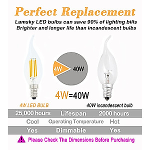 Lamsky E14 LED Bulb European Base 4W LED Chandelier Light Bulbs Dimmable 40W Equivalent,Flame Tip Candelabra LED Bulbs,110V 2700K Warm White,6 Pack