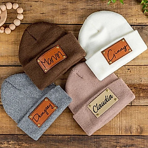 Personalized Beanie Hats, Custom Leather Patch Knitted Beanies Infant Toddler Kids Youth Child Baby Newborn Adult Beanie