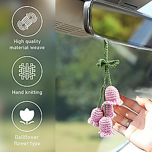Kewucn Car Mirror Hanging Accessories, Bellflower Hand Knitted Auto Pendant, Vehicle Rear View Mirror Hanging Ornament Decoration, Suitable for Car, Handbag, Backpacks, Keychain (Pink)
