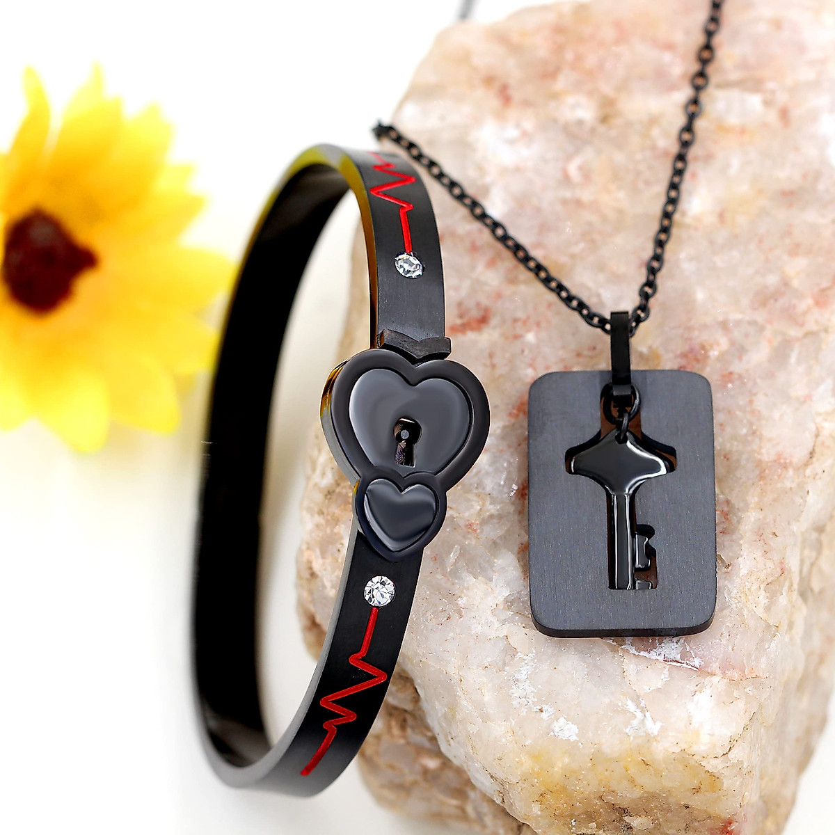 Uloveido Stainless Double Heart Infinity Love Lock Bangle Heartbeat Bracelet and Shield Key Pendant Necklace Couple Set for Men Women Y1891-Black