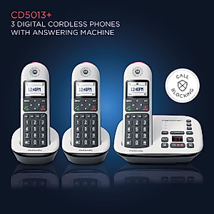 Motorola CD5013 Residential DECT 6.0 Cordless Digital Phone System with Answering Machine, Call Block, and Volume Boost (3 Handsets)