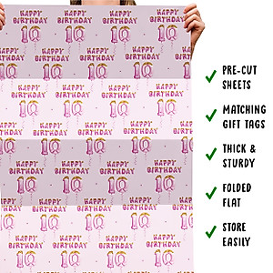 CENTRAL 23 Happy Birthday Wrapping Paper - 10 Year Old - 6 Sheets Pink Wrapping Paper - Girls Birthday Wrapping Paper - 10th Birthday - Comes With Stickers - Recyclable