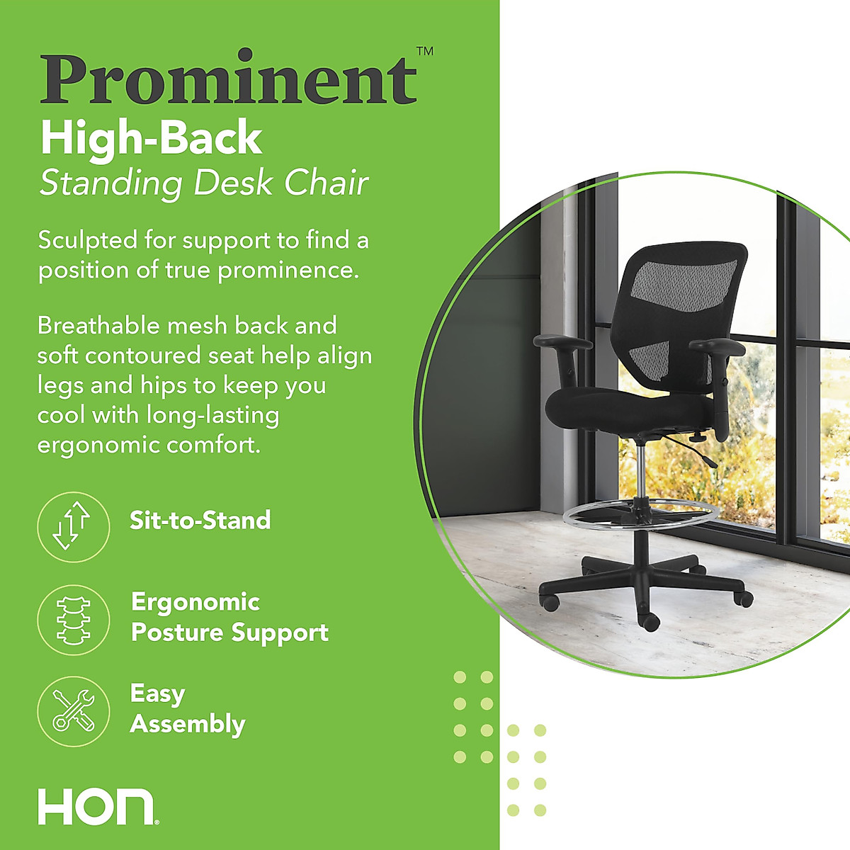 HON Prominent Standing Desk Stool Adjustable Tall Office Chair with Foot Rest, High Back Support, Arms - Standing Desk Chair Ergonomic Office Chair Counter Height Drafting Chair Swivel Rolling Wheels