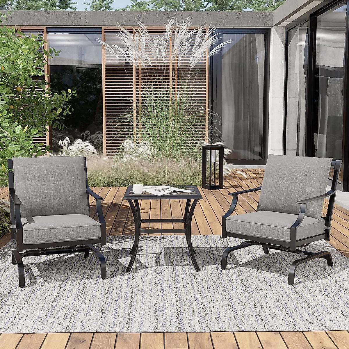 Grand patio Rocking Chairs Patio Chairs Bistro Sets Conversation Chair Set Indoor Outdoor Chat Set Motion Chair A Comfortable Shake of 5-10° Unique Design Patio Set with Grey Cushions 3-Piece
