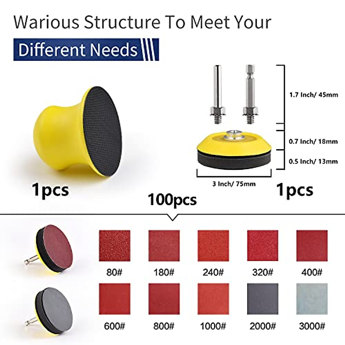 NYNM 120Pack 3 Inch Polishing Pad for Drill Sanding Attachment Variety Kit with 5/16" and 1/4" Shanks for Car Buffer Polisher Waxing Sealing Glaze, Sanding Pads Includes 80-3000 Grit