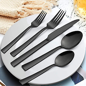 LIANYU Stainless Steel Black Silverware Set, 20-Piece Square Flatware Cutlery Set for 4, Kitchen Restaurant Party Eating Utensils Tableware, Mirror Finish, Dishwasher Safe